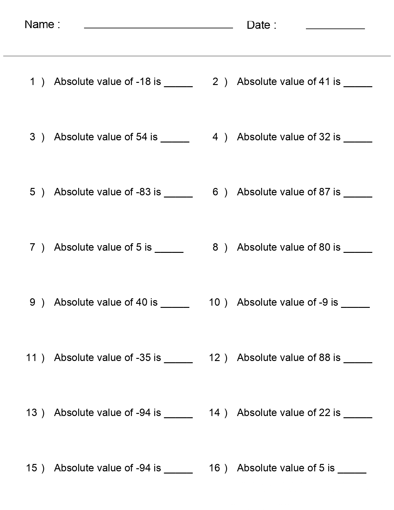Integers Worksheets - Absolute Values of Integers Worksheets | Made By ...