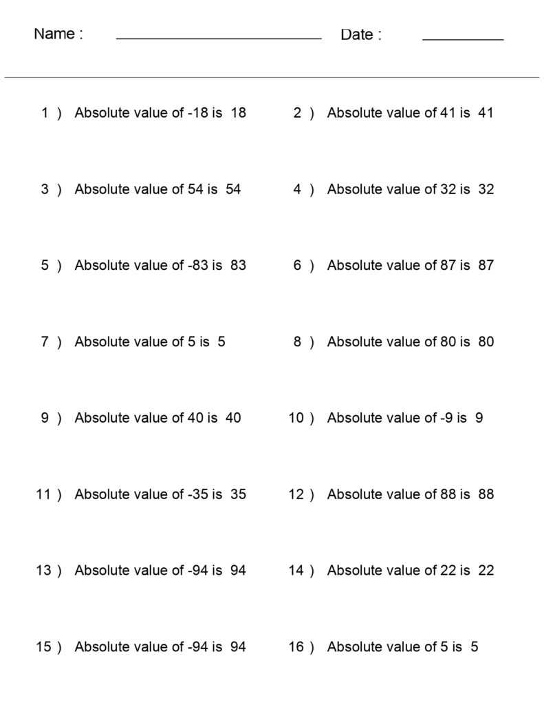Integers Worksheets - Absolute Values of Integers Worksheets | Made By ...