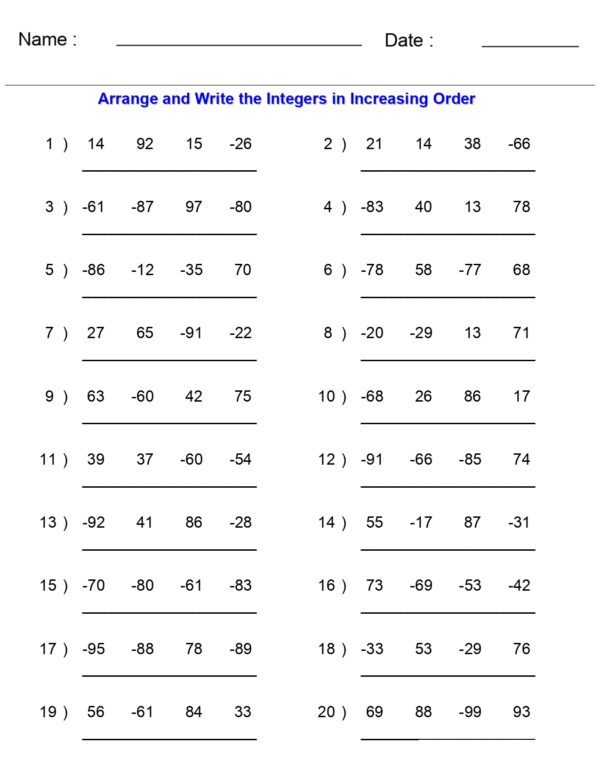 Integers Worksheets- Arranging Orders of Integers Worksheets | Made By ...