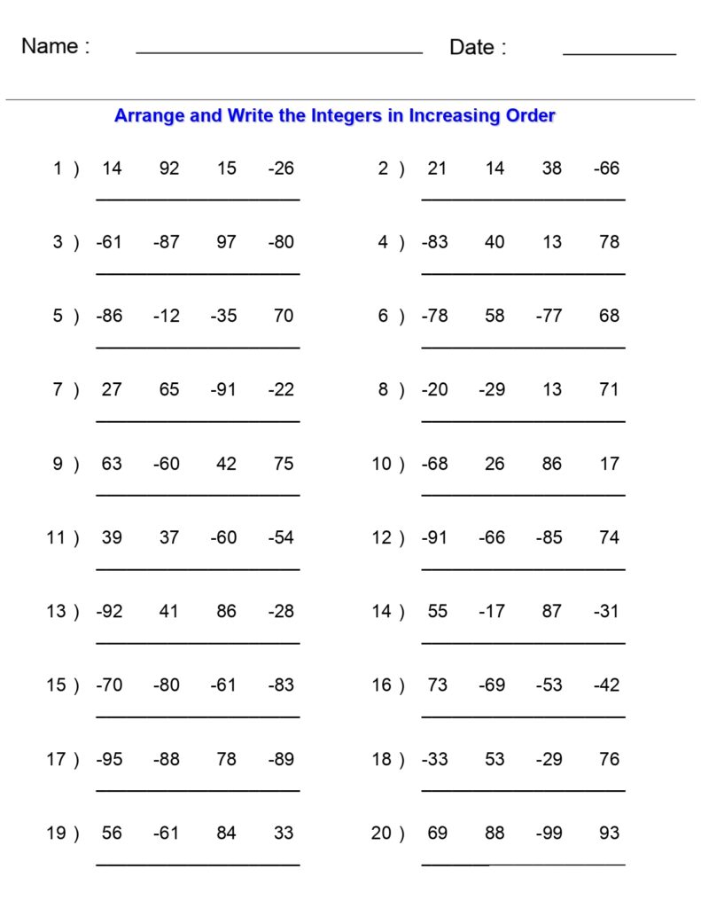 Integers Worksheets- Arranging Orders of Integers Worksheets | Made By ...