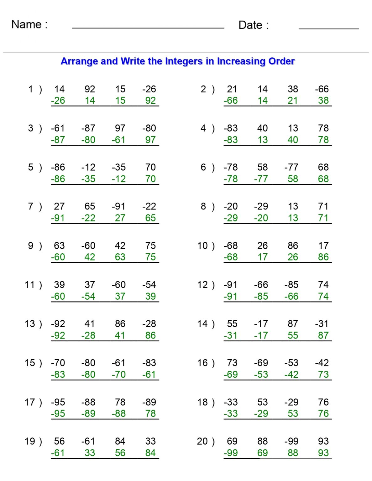 Integers Worksheets- Arranging Orders of Integers Worksheets | Made By ...