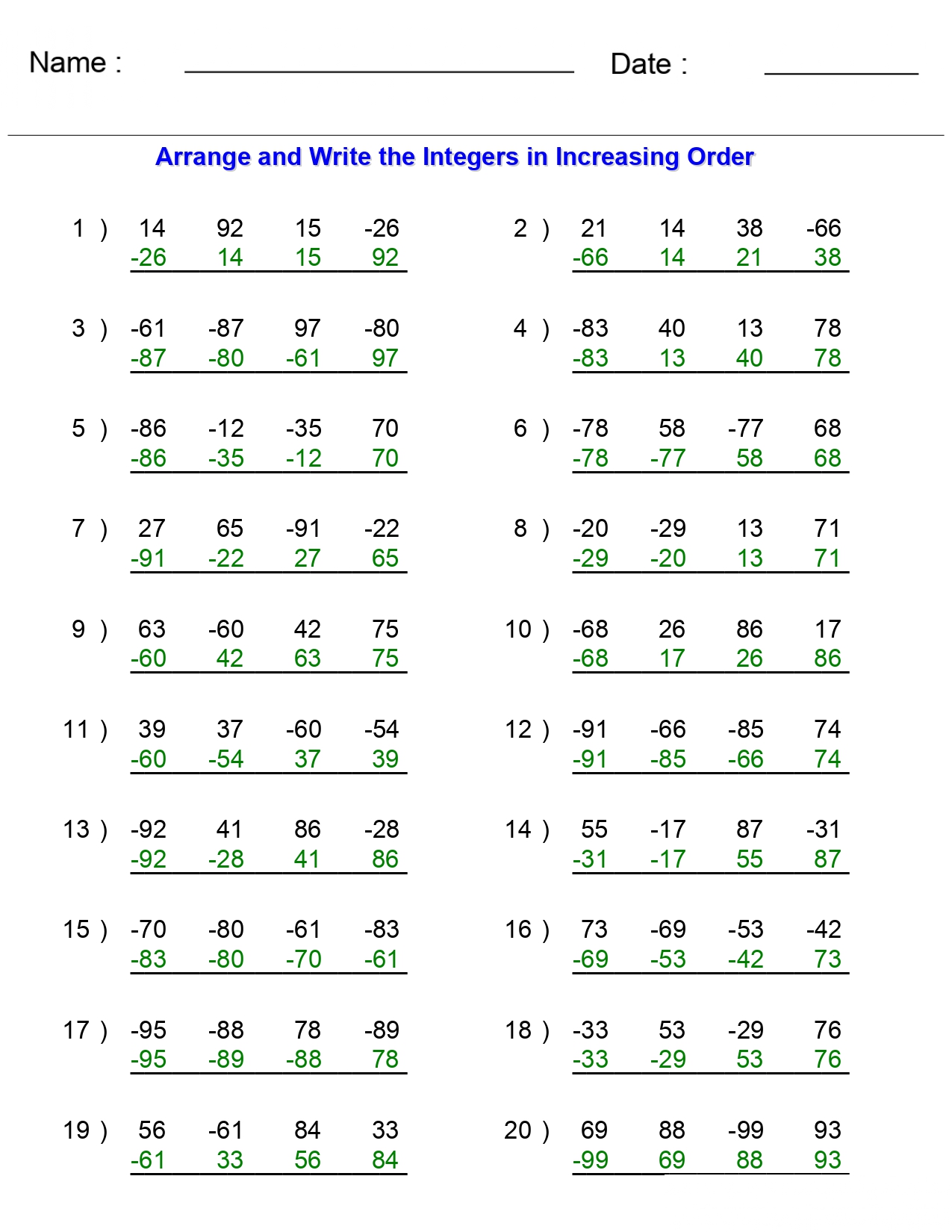 Integers Worksheets- Arranging Orders of Integers Worksheets | Made By ...