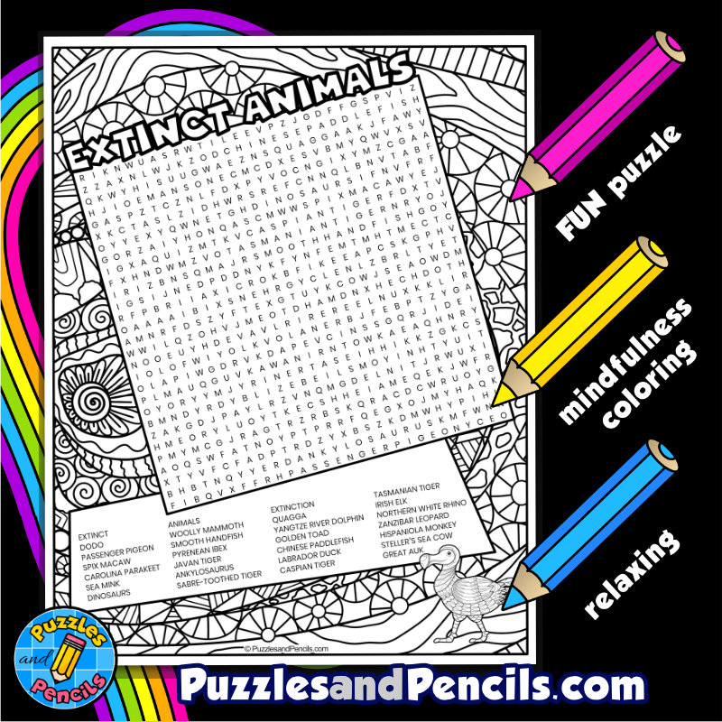 Extinct Animals Word Search Puzzle with Coloring | Animal ...