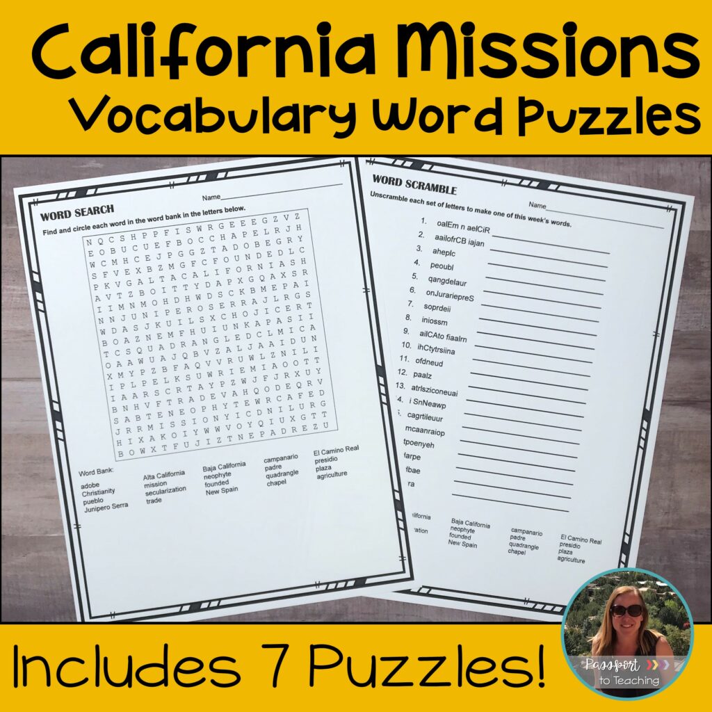 California Missions Vocabulary Word Puzzles | Made By Teachers