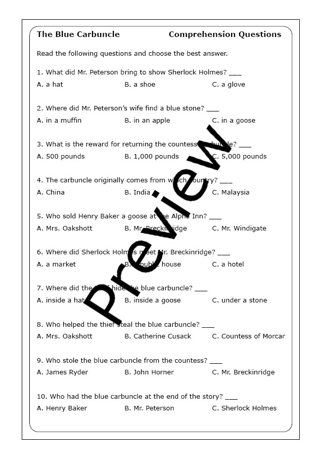 Arthur Conan Doyle "The Adventure of the Blue Carbuncle" worksheets ...