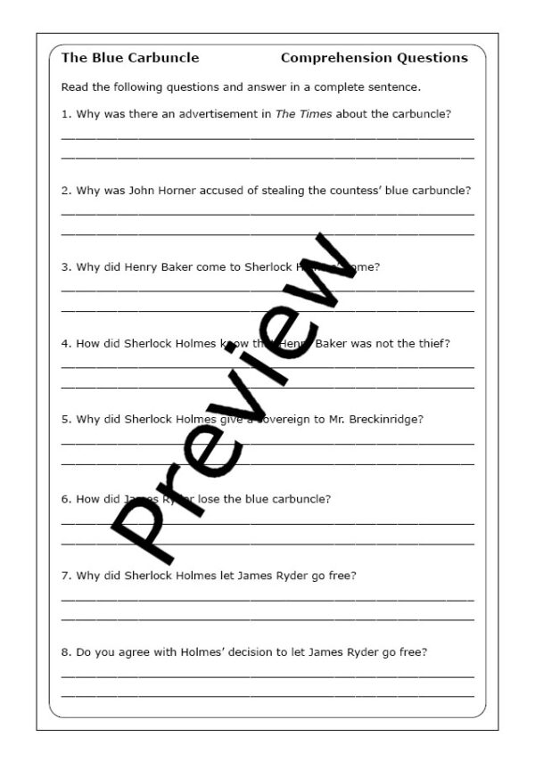 Arthur Conan Doyle "The Adventure of the Blue Carbuncle" worksheets ...