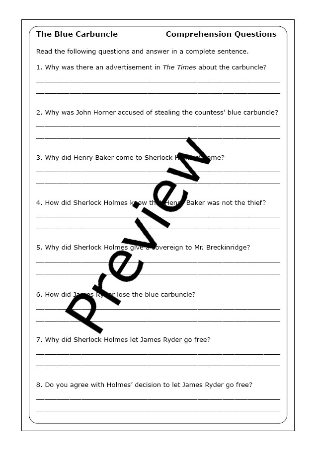 Arthur Conan Doyle "The Adventure of the Blue Carbuncle" worksheets ...