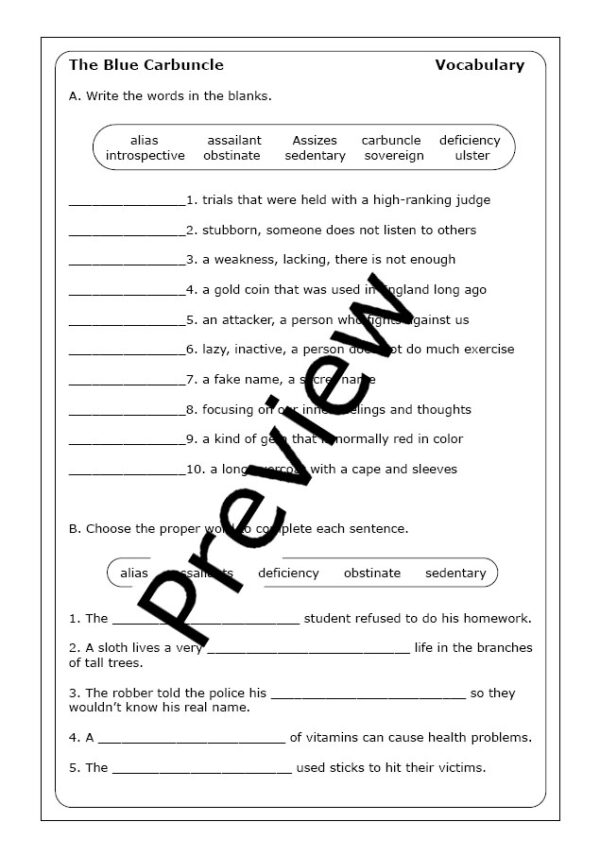 Arthur Conan Doyle "The Adventure of the Blue Carbuncle" worksheets ...