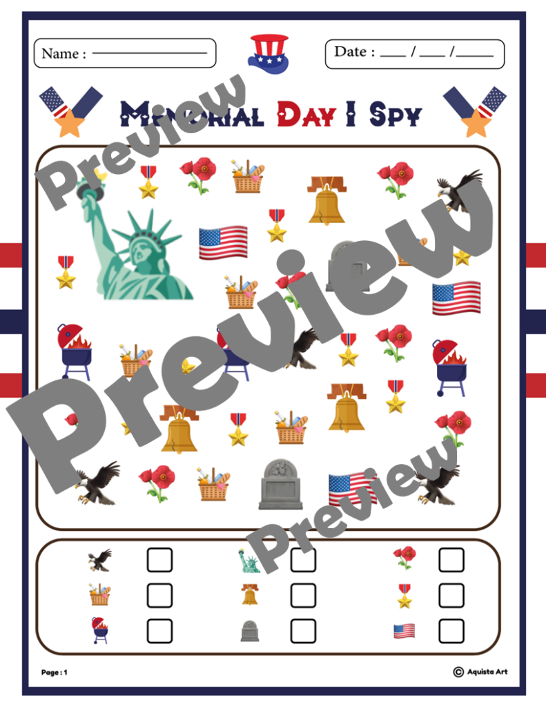 Memorial Day I Spy Game : Search and Count | Made By Teachers