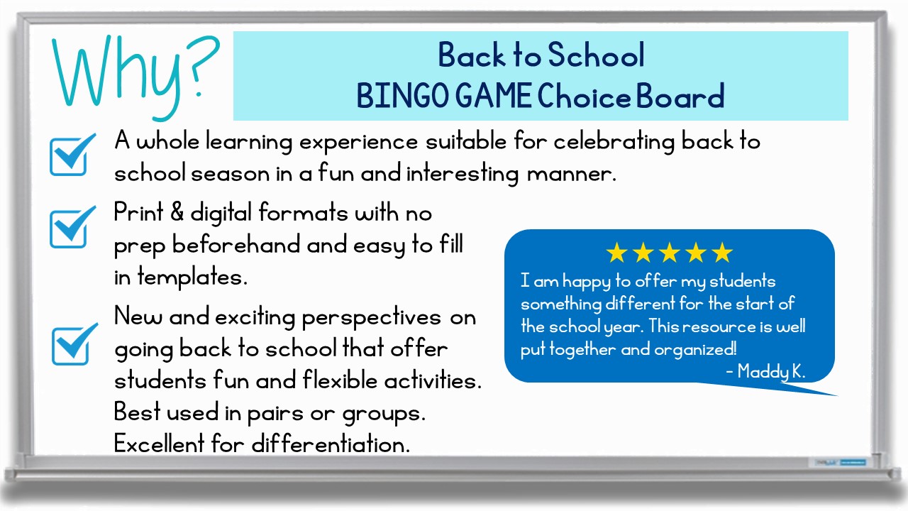 Back to School Activities Bingo Game - NO PREP Choice Board Tasks ...