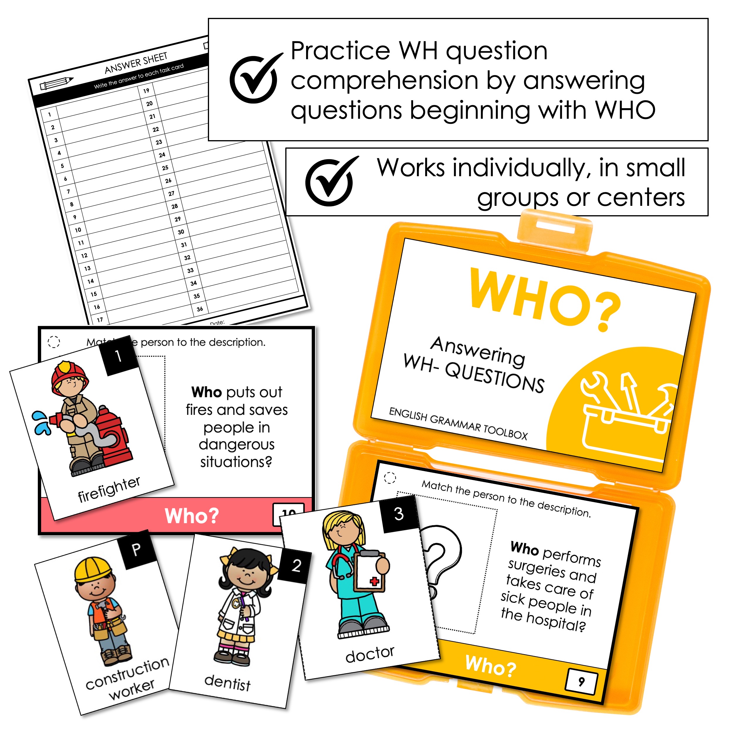 WHO Questions - WH Question Word Task Cards with Community Helpers ...