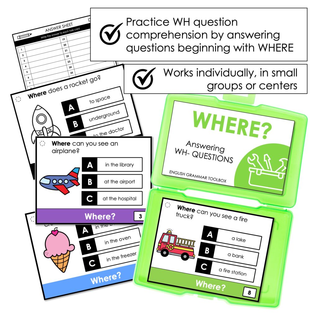 WHERE Questions - WH Question Comprehension Task Cards | Made By Teachers