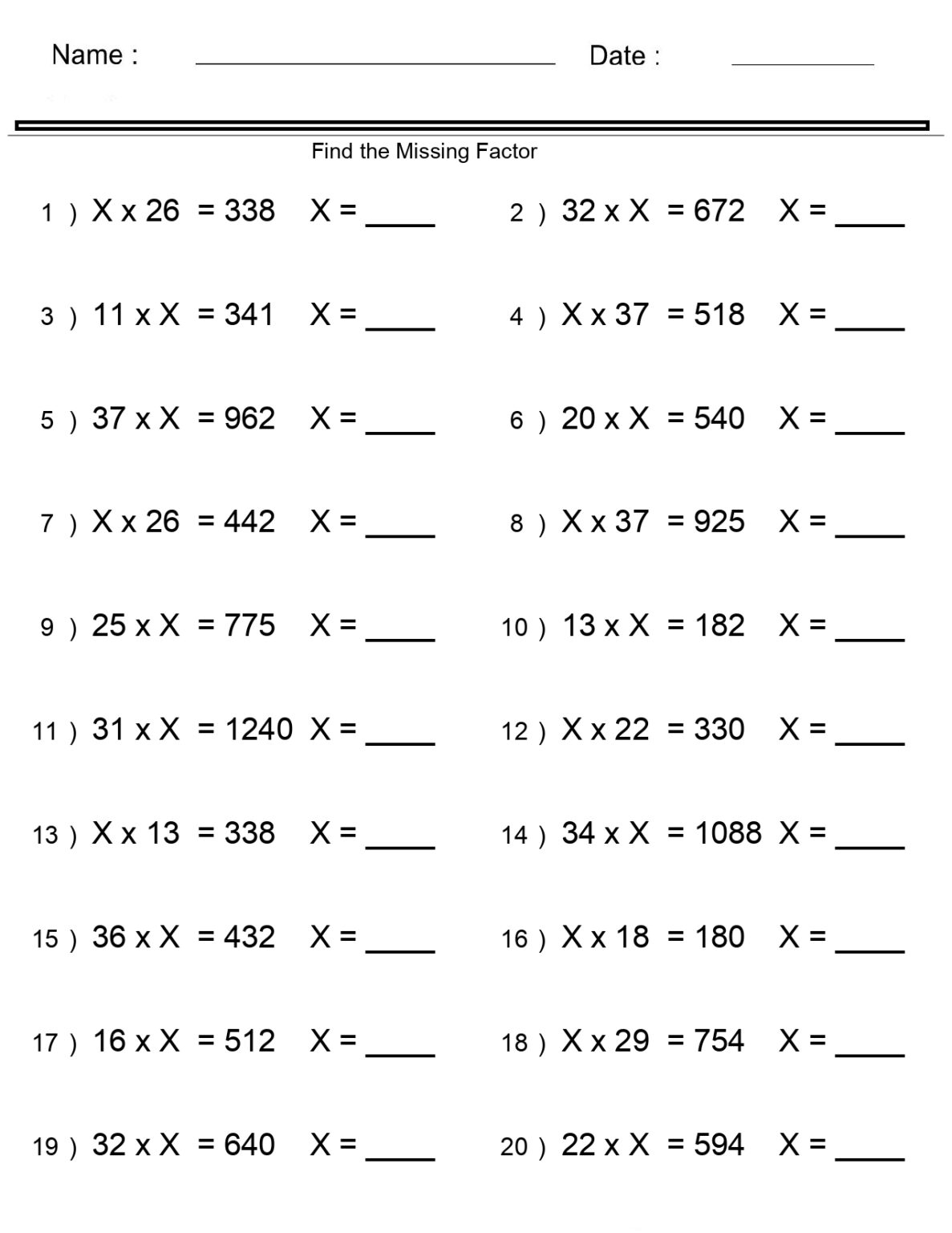 Multiplication Worksheets Missing Factor Multiplication Worksheets