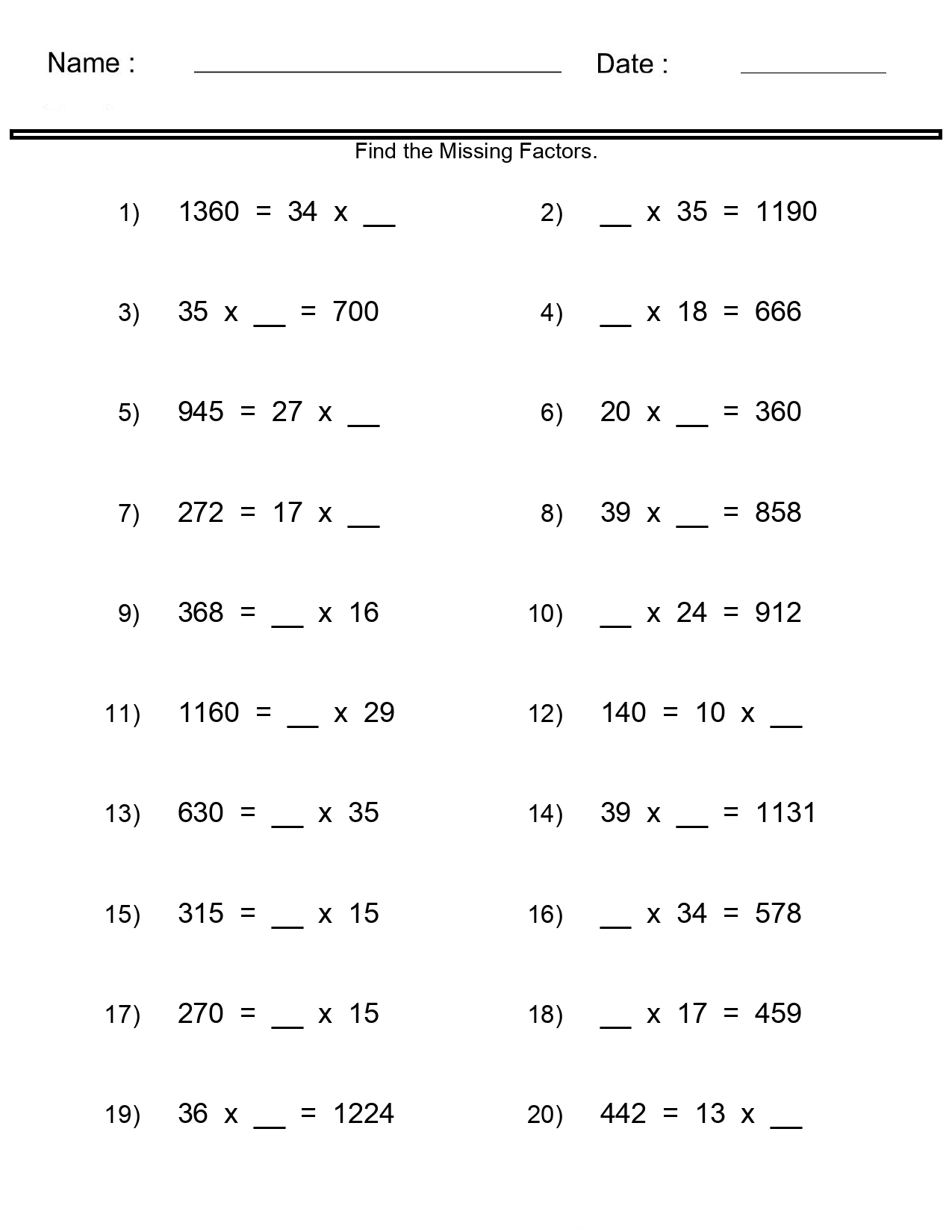 Multiplication Worksheets - Missing Factor Different Format Worksheets ...