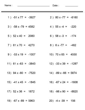 Multiplication Worksheets - Negative Numbers Multiplication Worksheets ...