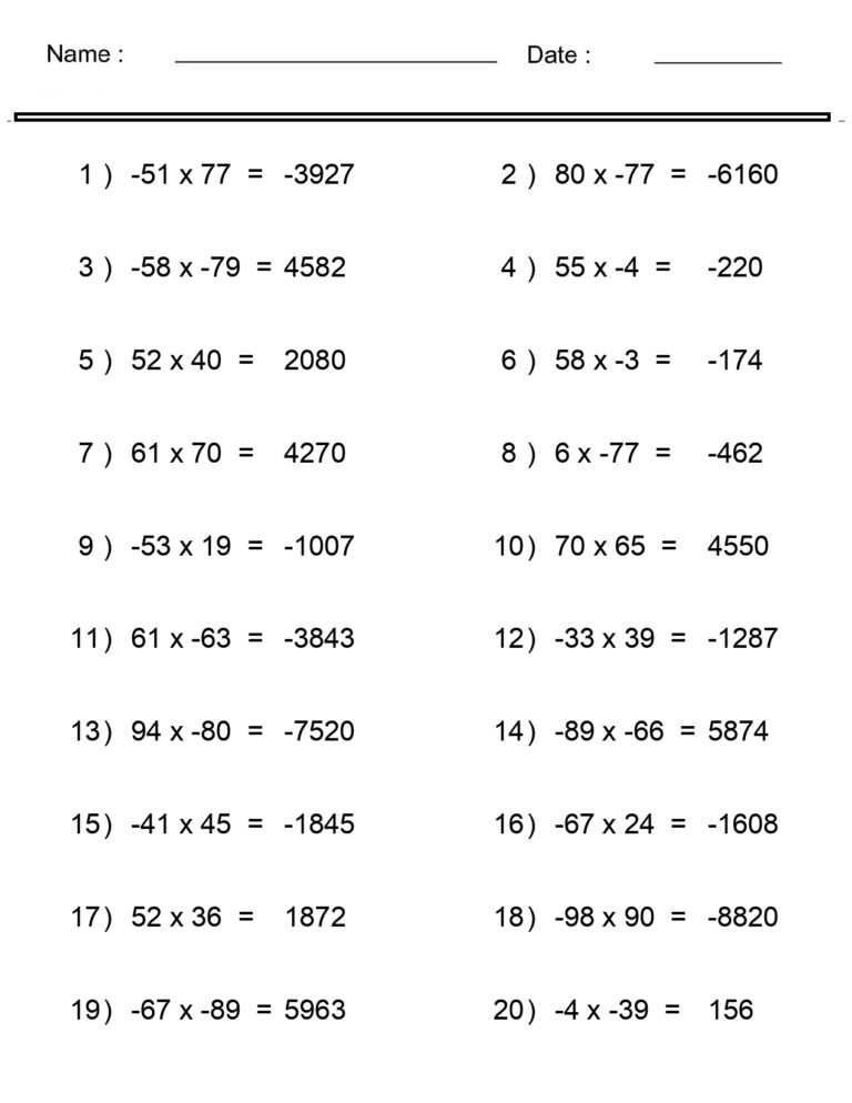 Multiplication Worksheets - Negative Numbers Multiplication Worksheets ...