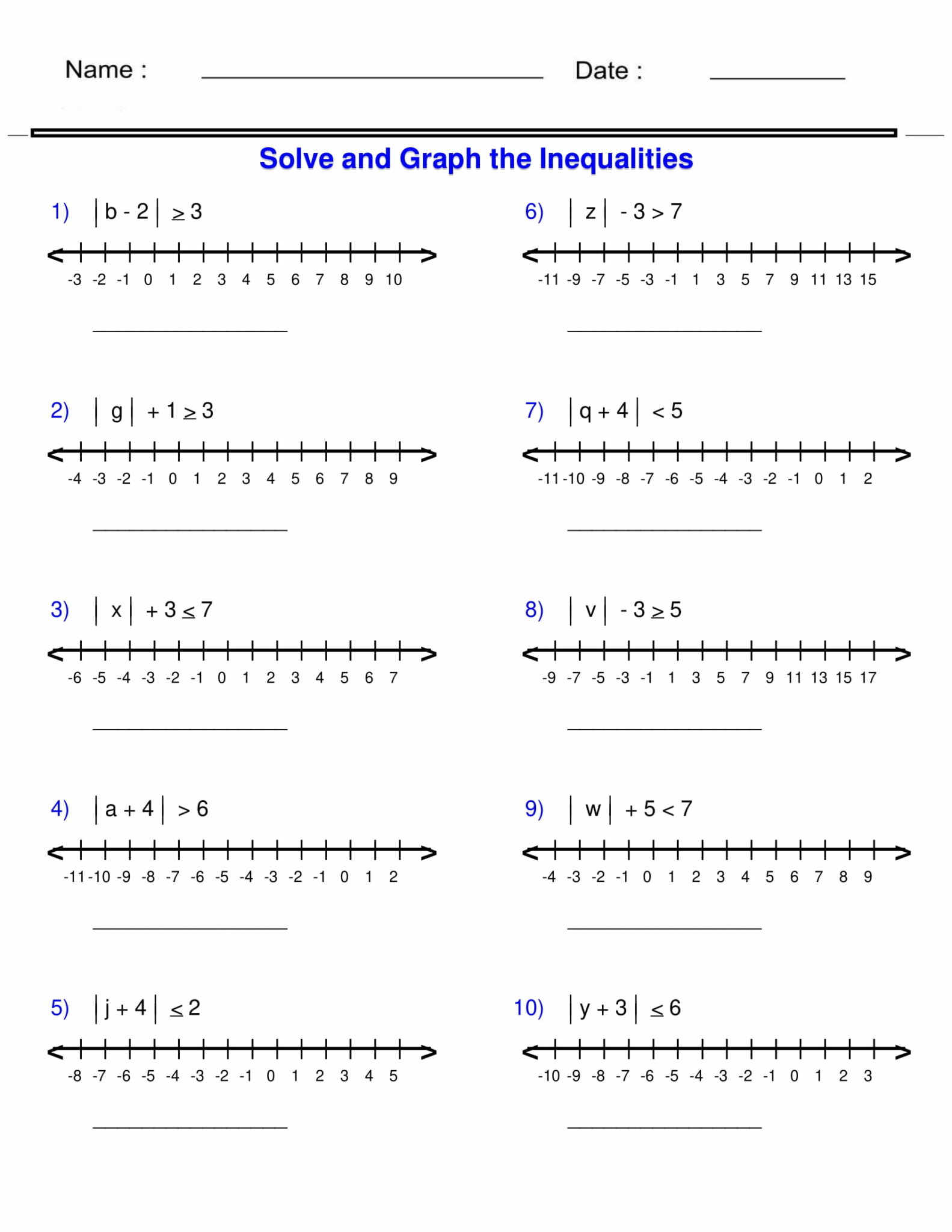 Absolute Value Inequalities - Algebra 1 - Inequalities Worksheets ...