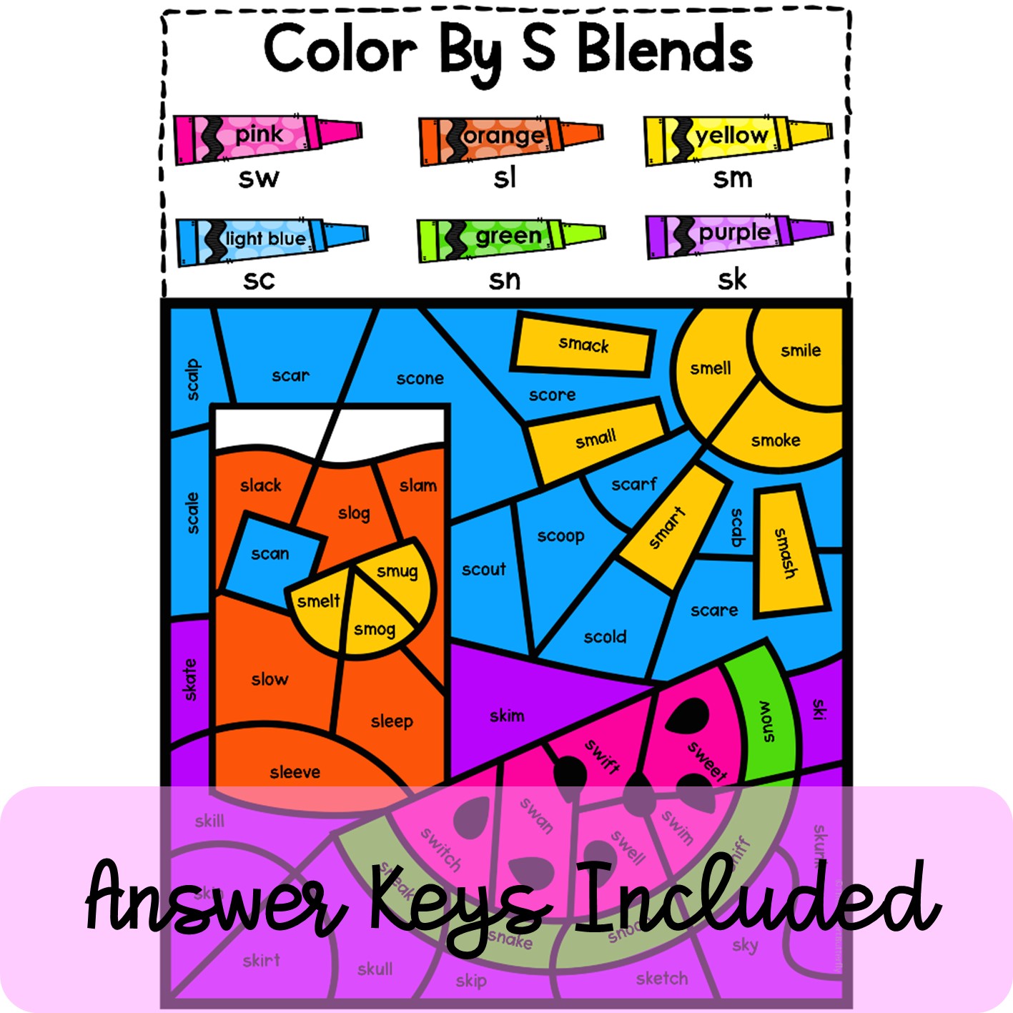 Summer Activities Color by Code S Blends | Made By Teachers