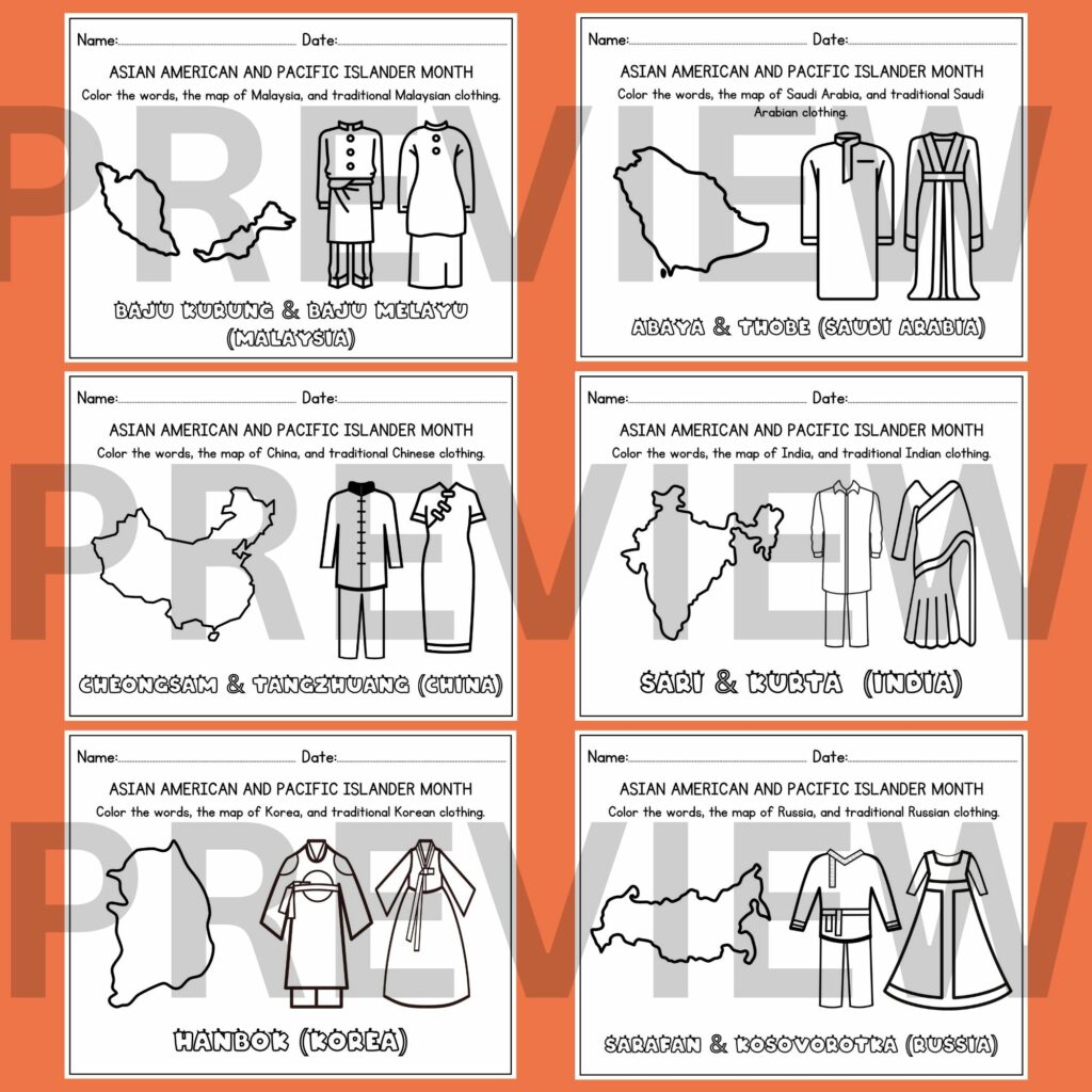 AAPI Heritage Month Traditional Clothes Coloring Pages, Word Search ...