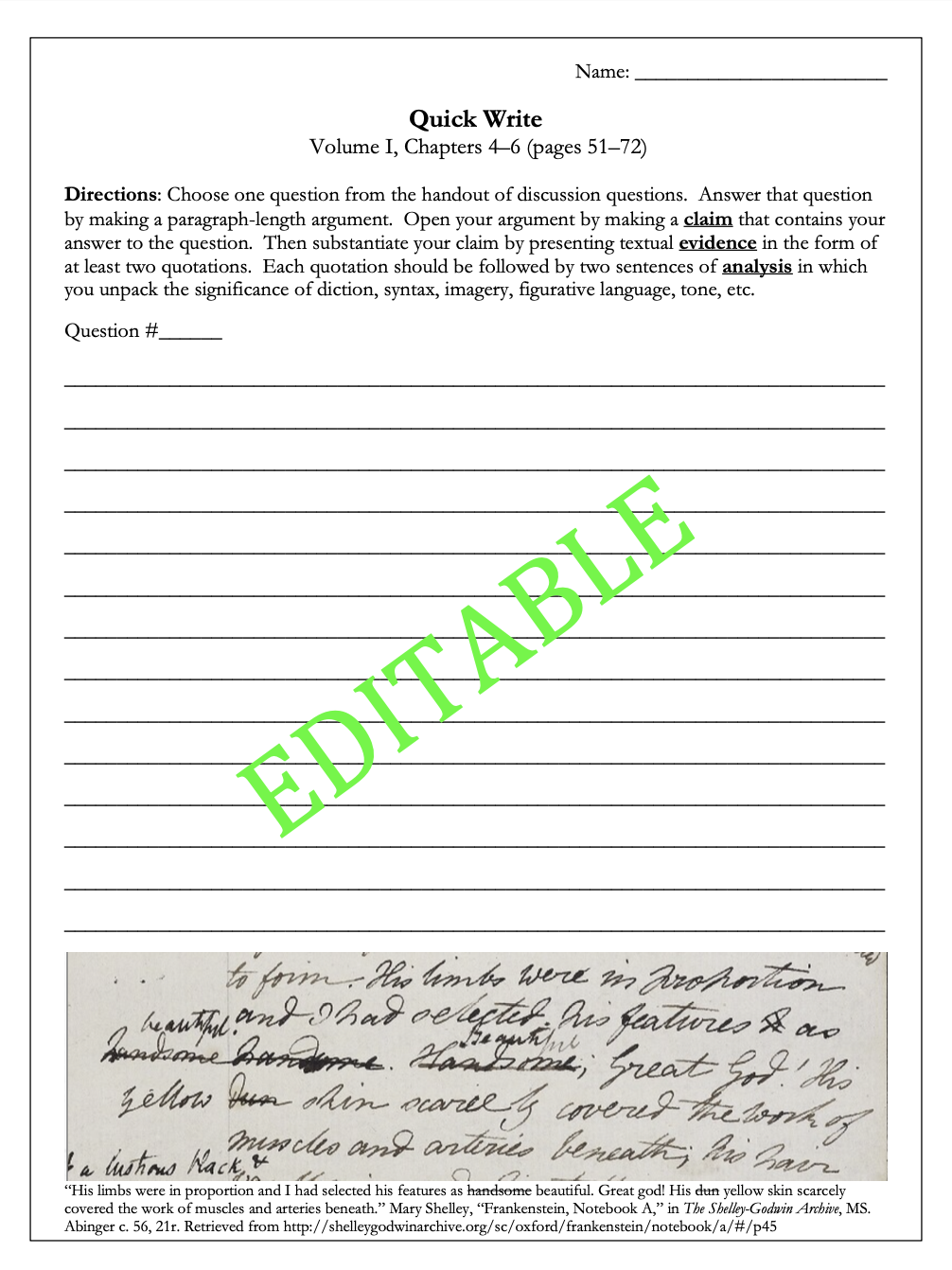 Frankenstein by Mary Shelley COMPLETE UNIT: Quizzes, Discussion ...