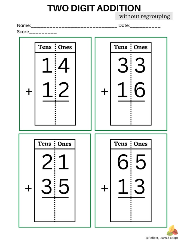 Adaptive Resources Two Digit Addition Subtraction Without