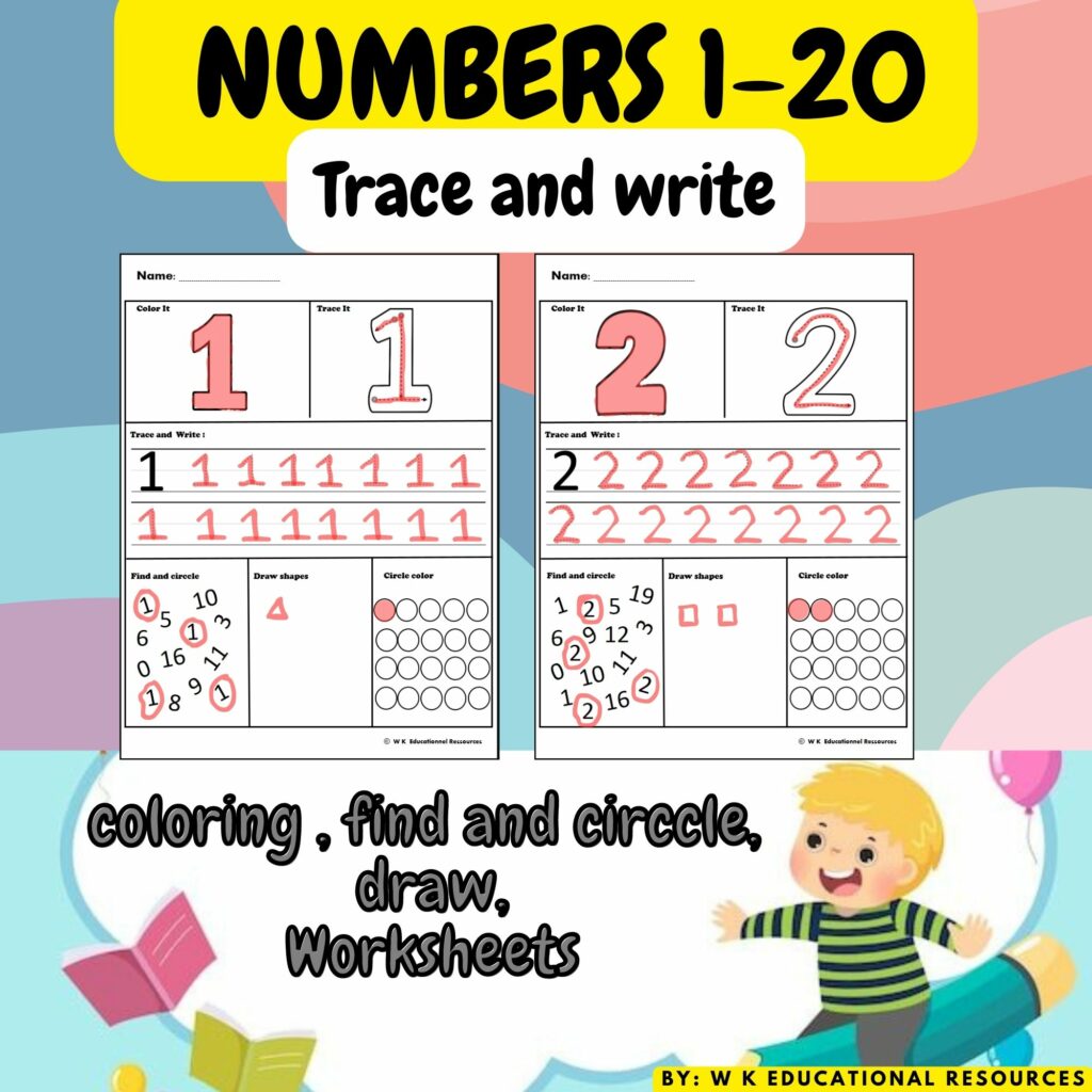 Trace and write numbers, 1-20 coloring, Find and circle, Draw ...