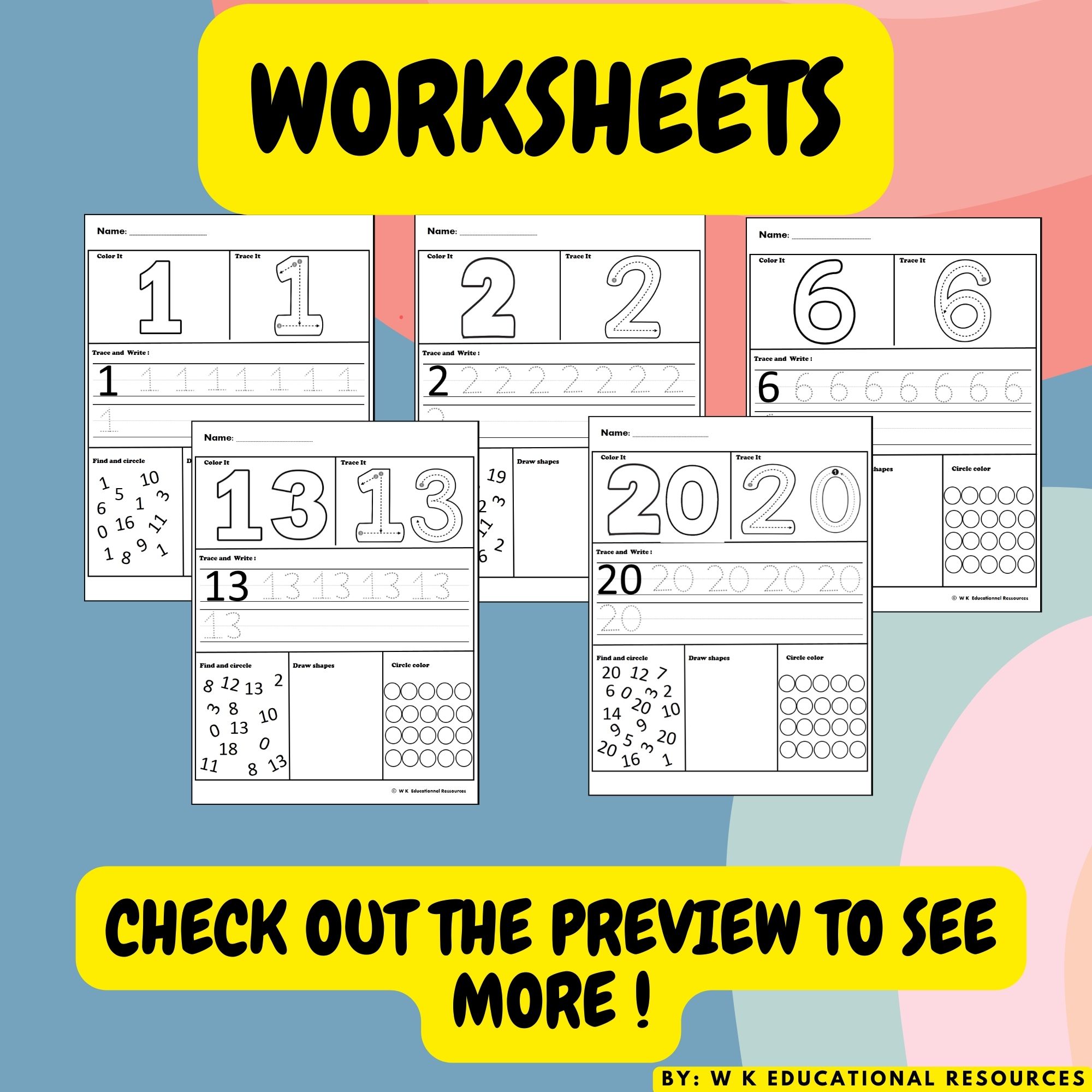 Trace and write numbers, 1-20 coloring, Find and circle, Draw ...