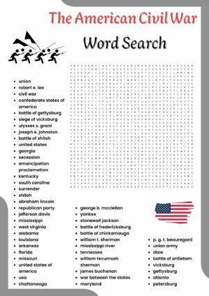 The American Civil War word search Puzzle worksheet activities for kids ...