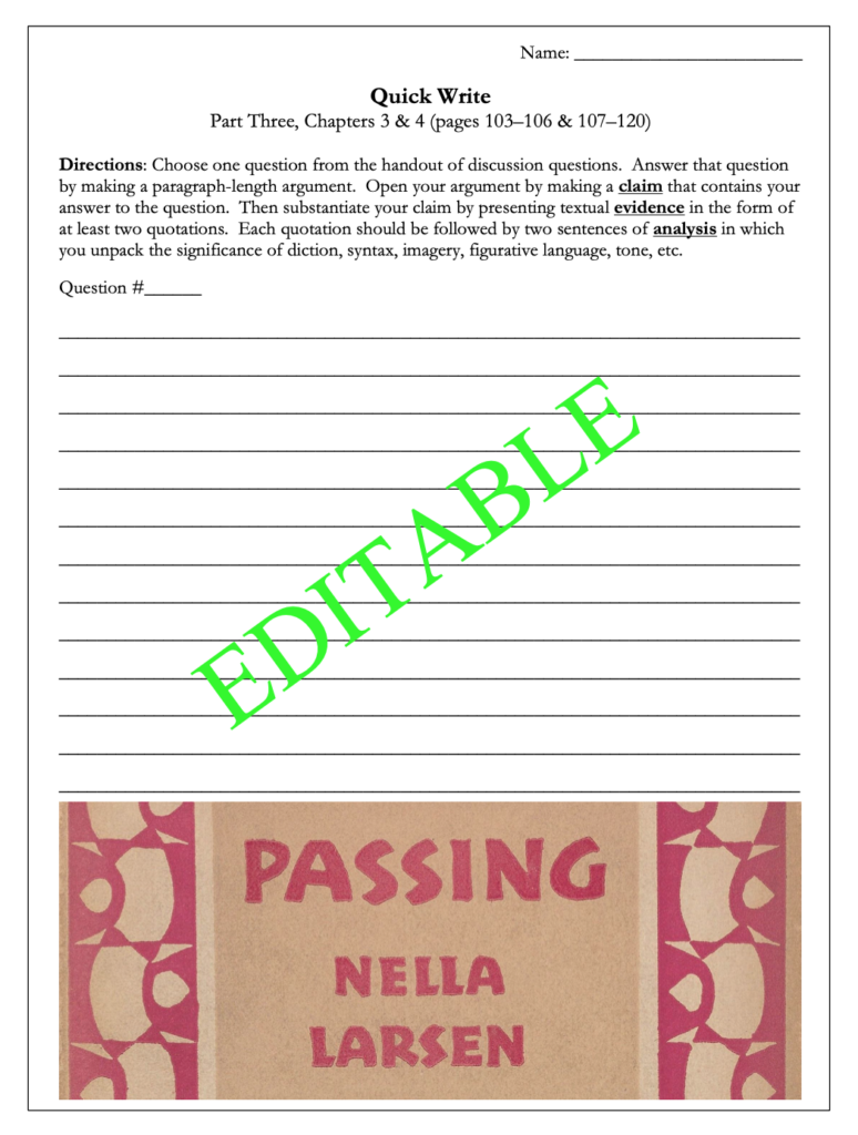 PASSING by Nella Larsen | COMPLETE UNIT: Reading Quizzes, Discussion ...