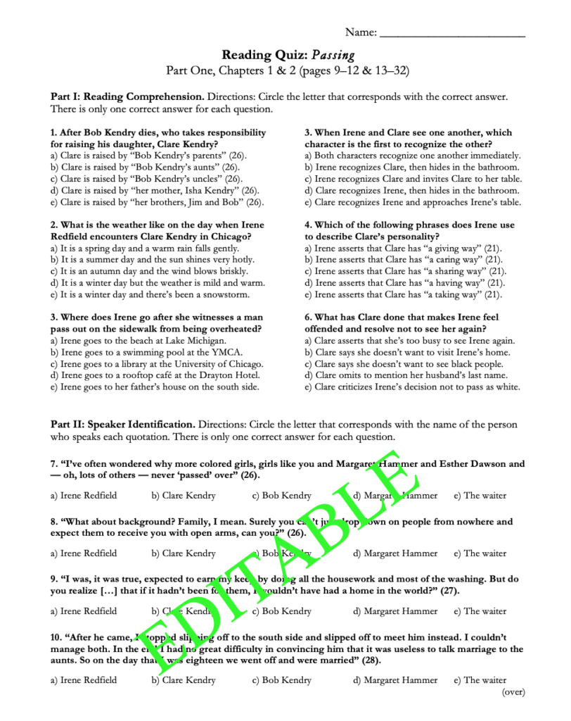 PASSING by Nella Larsen | COMPLETE UNIT: Reading Quizzes, Discussion ...