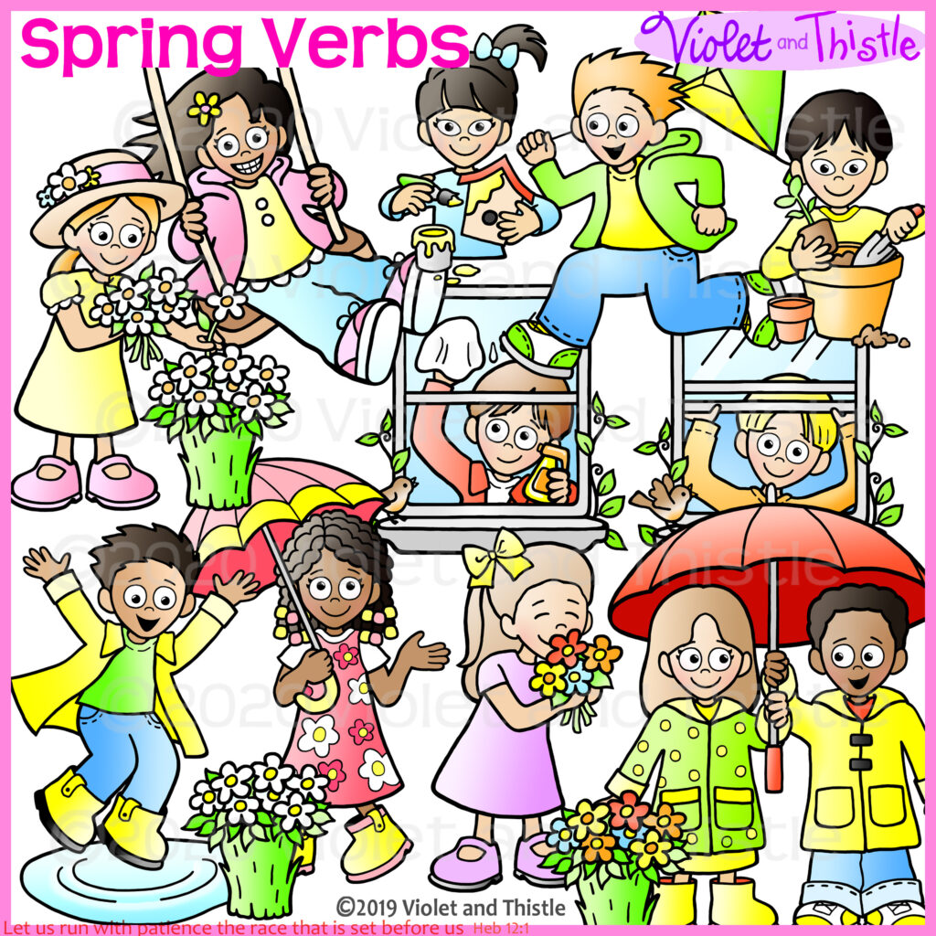 Spring Kid Clipart Verb Activity Clip Art Swing Pick Flower Plant Paint ...