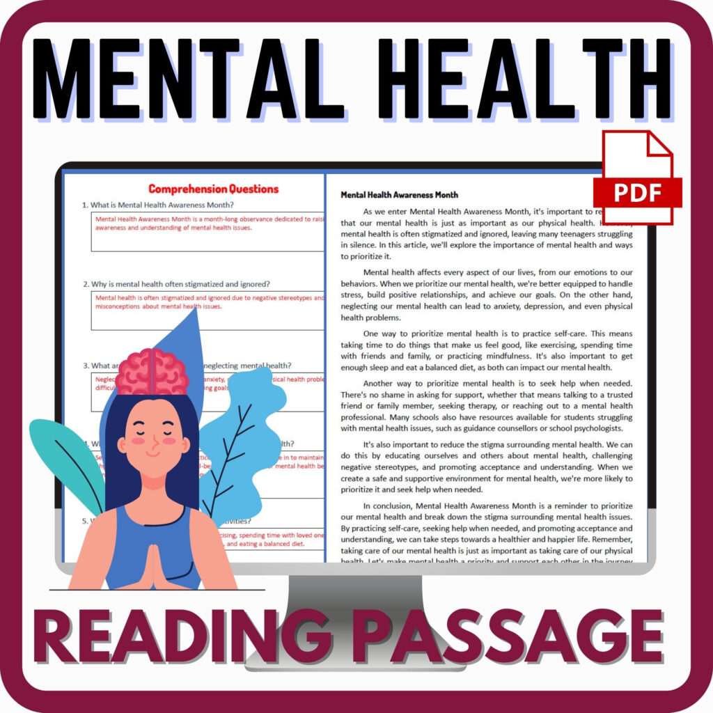 Mental Health Awareness Reading Passage with comprehension questions ...