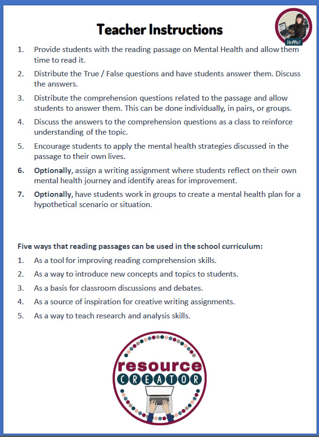 Mental Health Awareness Reading Passage with comprehension questions ...