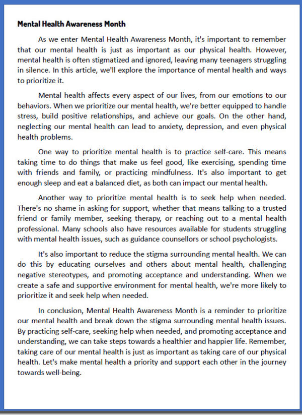 Mental Health Awareness Reading Passage with comprehension questions ...