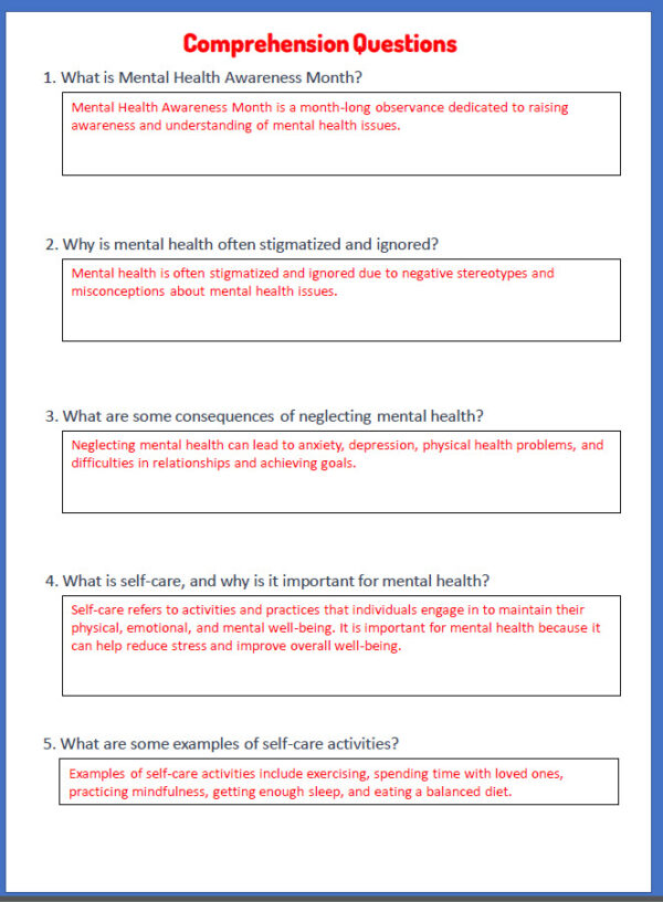 Mental Health Awareness Reading Passage with comprehension questions ...