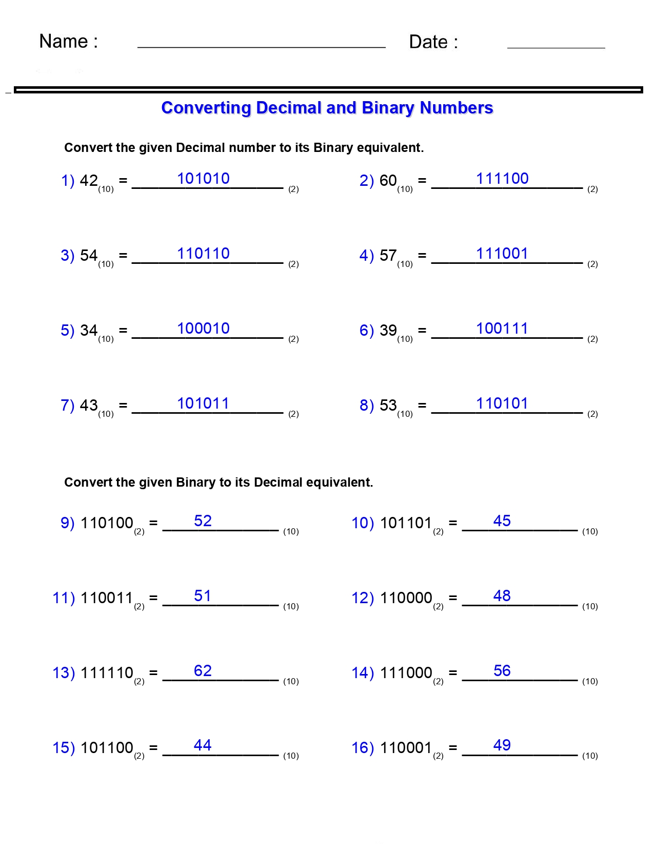 Number Systems Worksheets Decimal And Binary Worksheets Made By