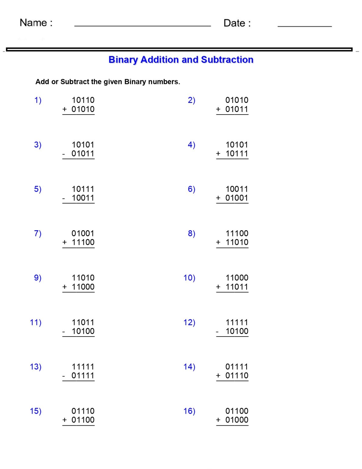 Number Systems Worksheets - Adding and Subtracting Binary Worksheets | Made By Teachers