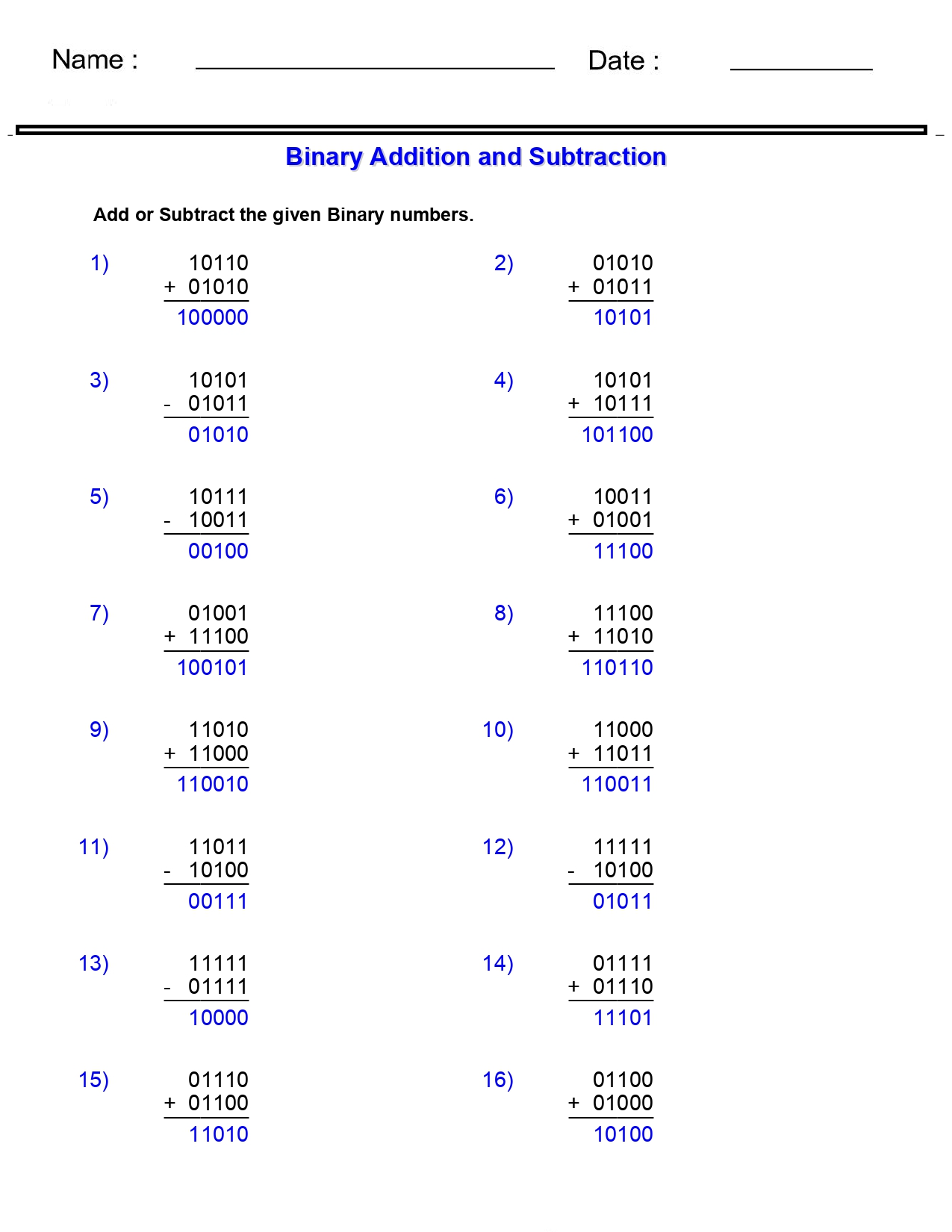 Number Systems Worksheets - Adding and Subtracting Binary Worksheets ...