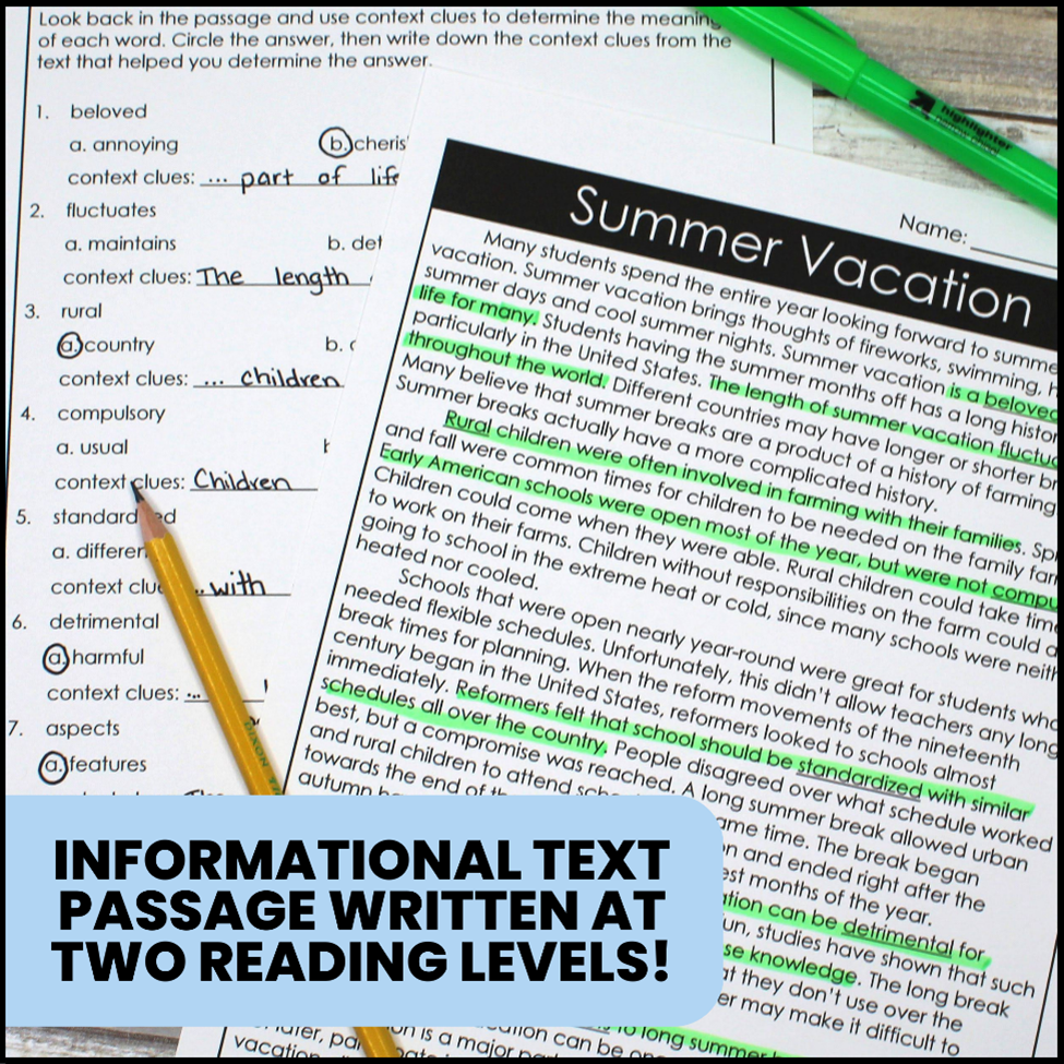 Summer Vacation Reading Comprehension Passage Printable & Digital ...