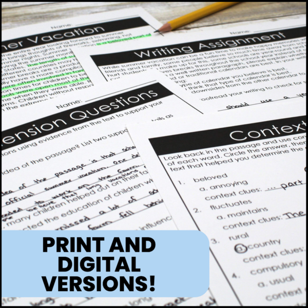 Summer Vacation Reading Comprehension Passage Printable & Digital ...
