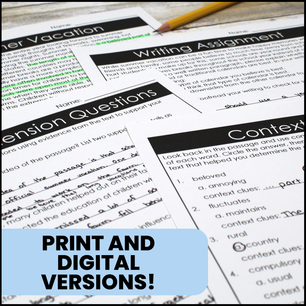 Summer Vacation Reading Comprehension Passage Printable & Digital ...