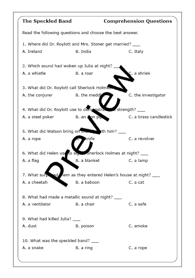 Arthur Conan Doyle "The Adventure of the Speckled Band" worksheets ...
