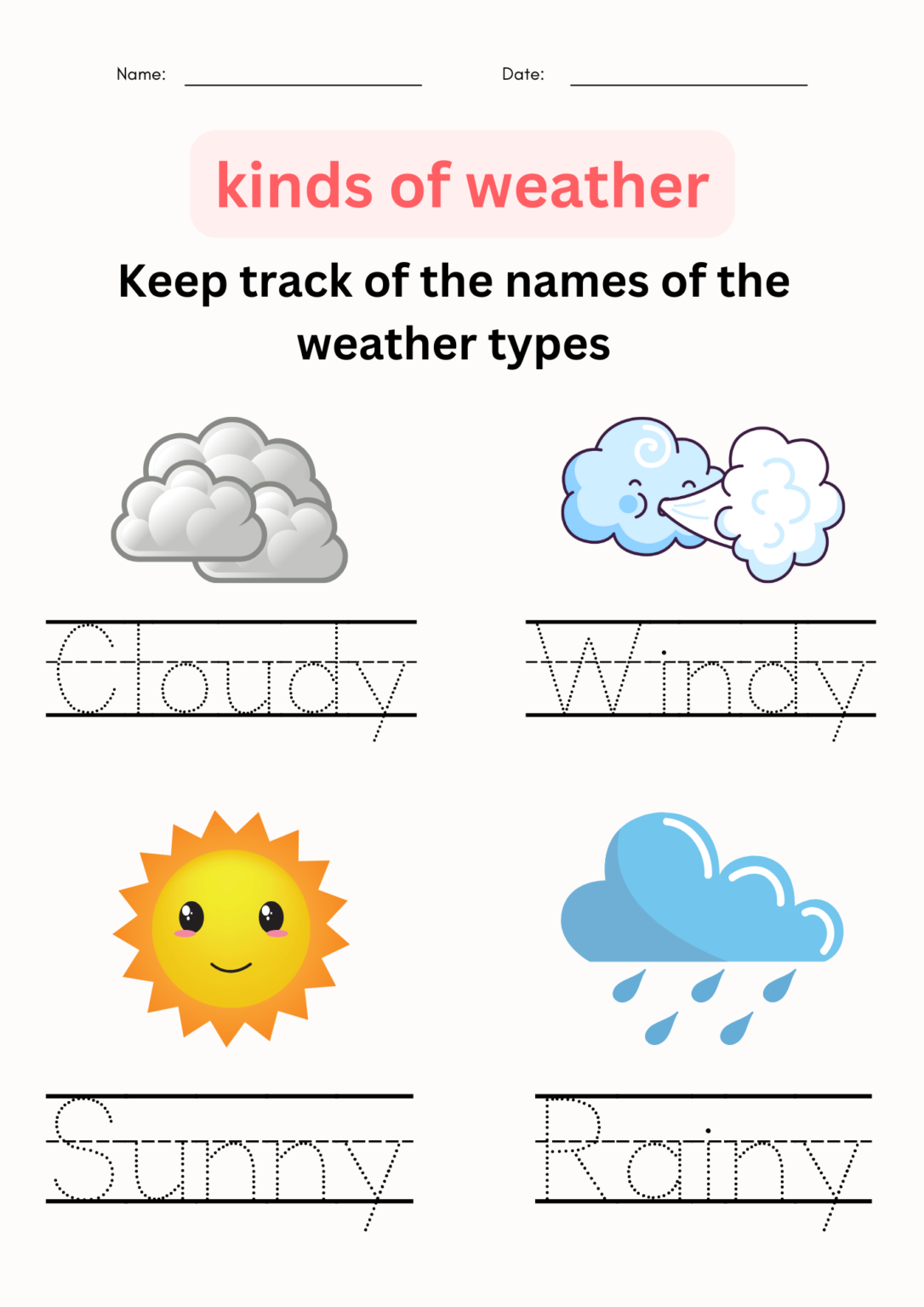 printable matching and tracing kinds of weather worksheet for grade 1 ...