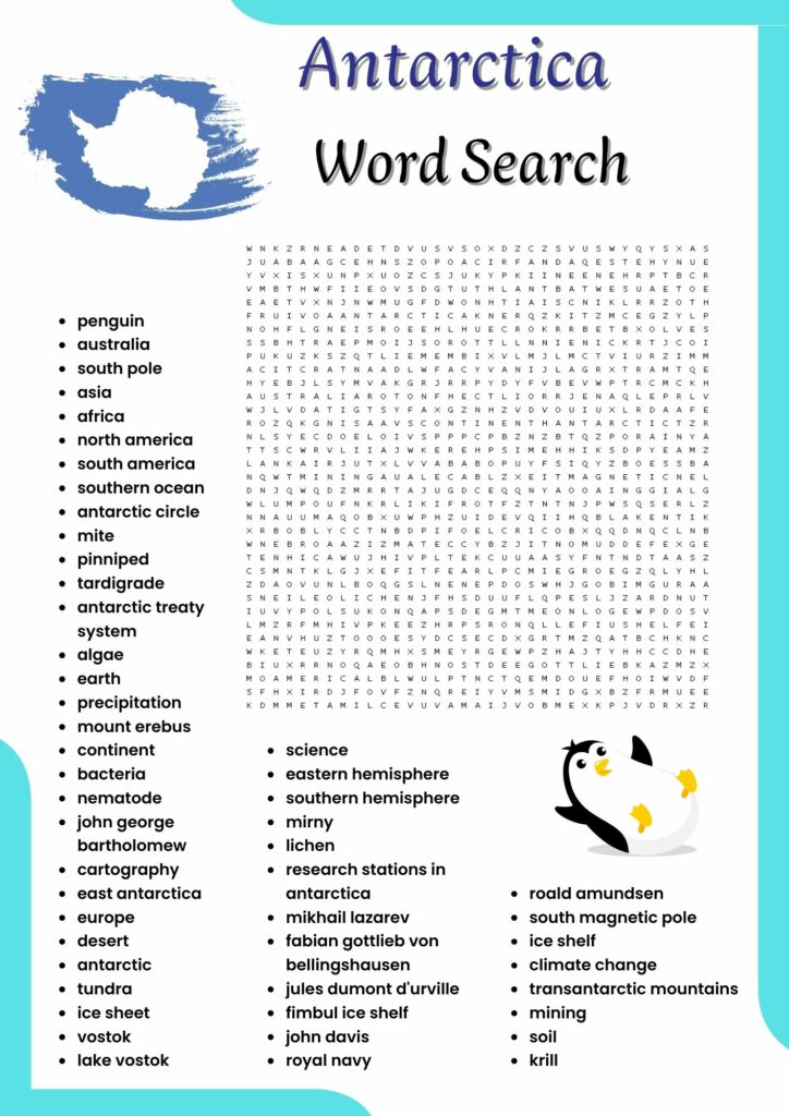 Antarctica word search Puzzle worksheet activities for kids | Made By ...