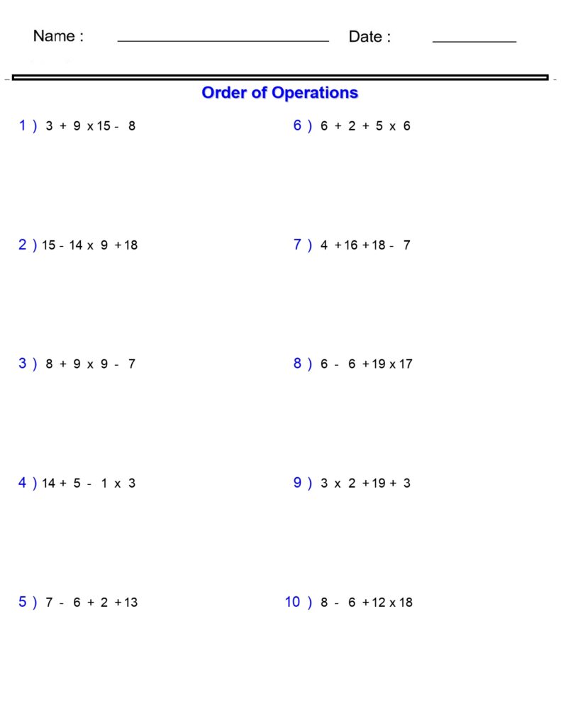 Order of Operations Without Division Worksheets - Add, Subtract, and ...