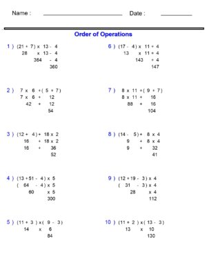 Order of Operations Without Division Worksheets - Basic with ...