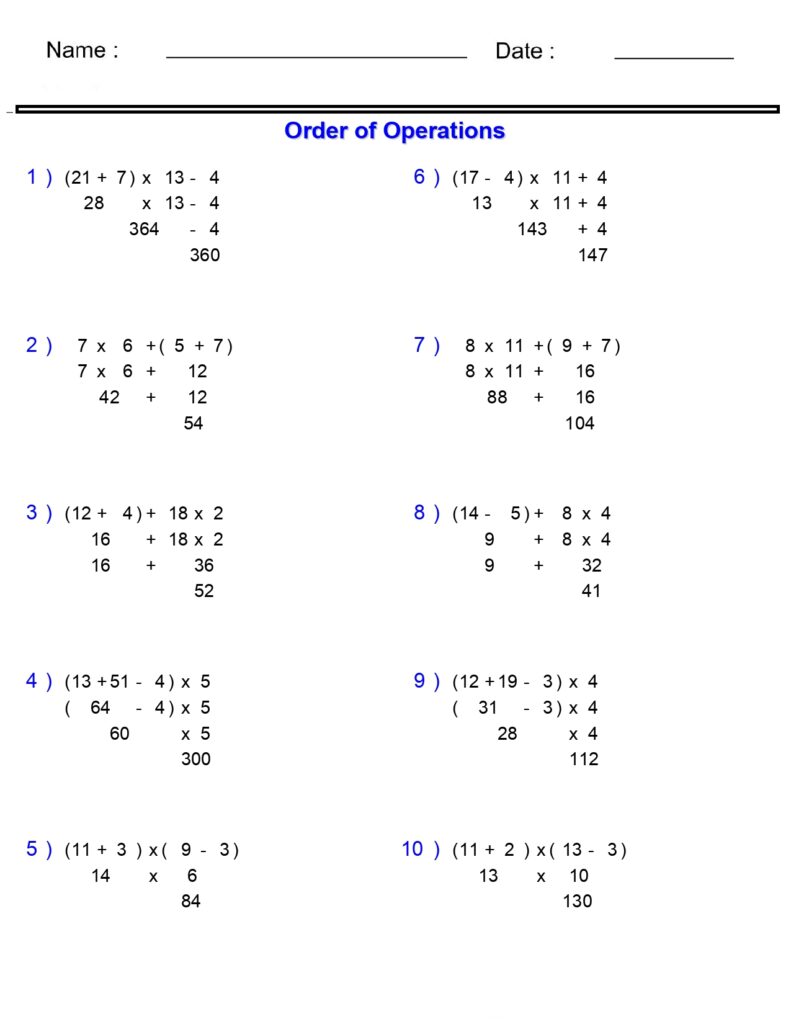 Order of Operations Without Division Worksheets - Basic with ...