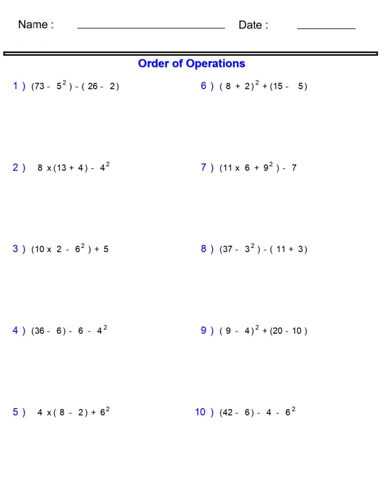 Order of Operations Without Division Worksheets - with Parentheses and ...