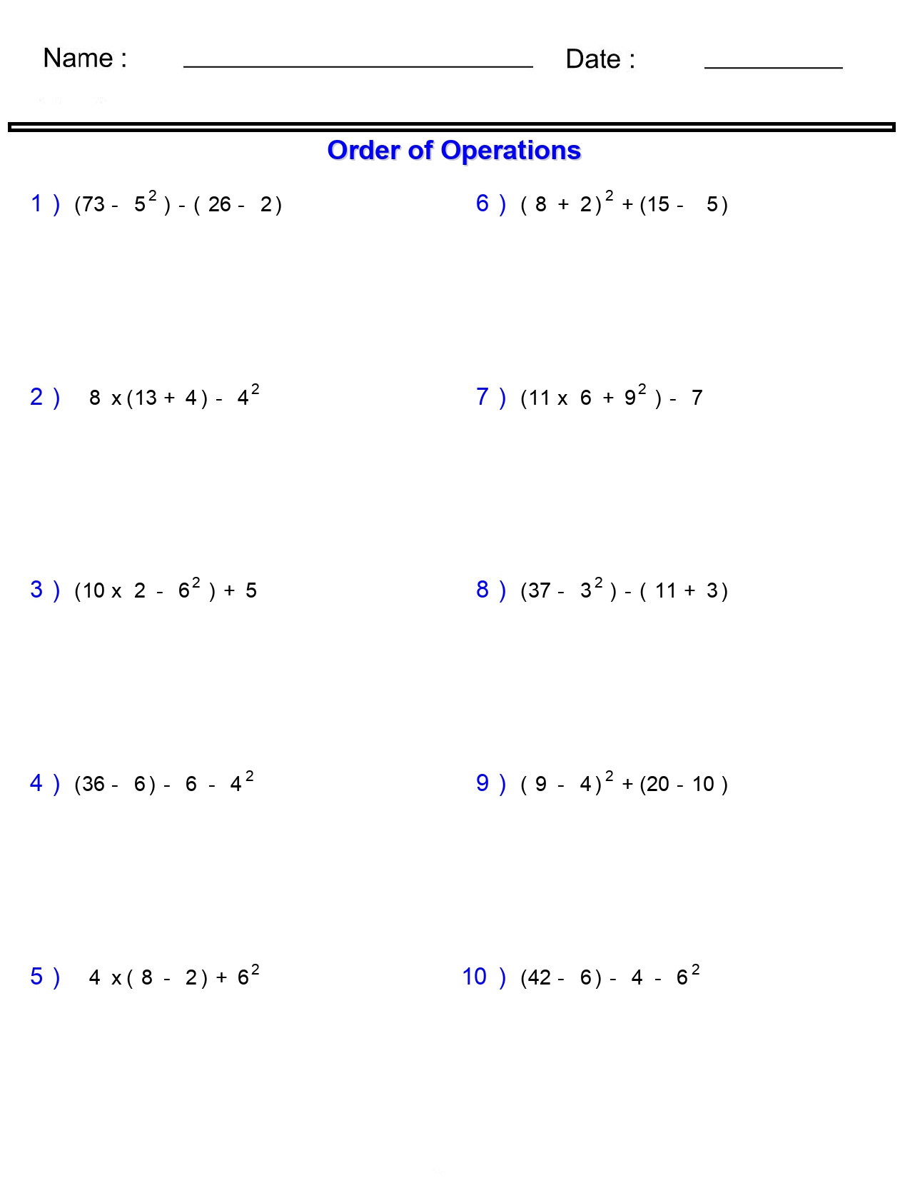 Order of Operations Without Division Worksheets - with Parentheses and ...