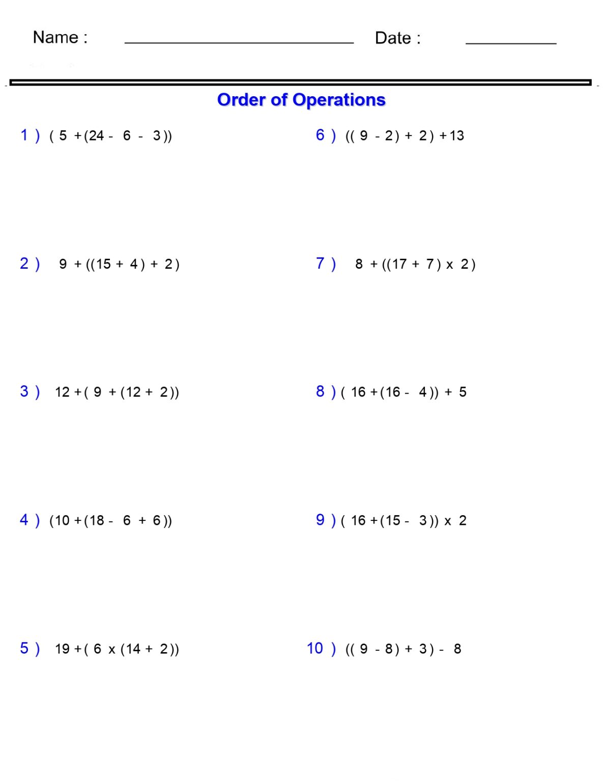 Order of Operations Without Division Worksheets - Basic with Nested ...